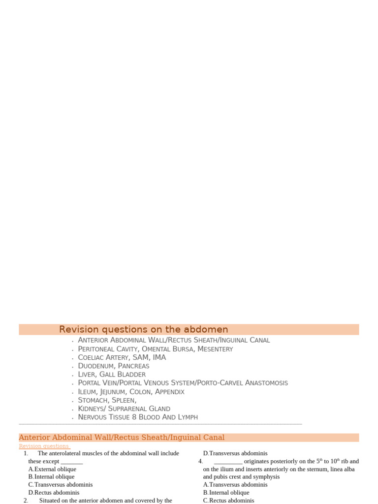 Revision Questions On The Abdomen | PDF | Abdomen | Musculoskeletal System