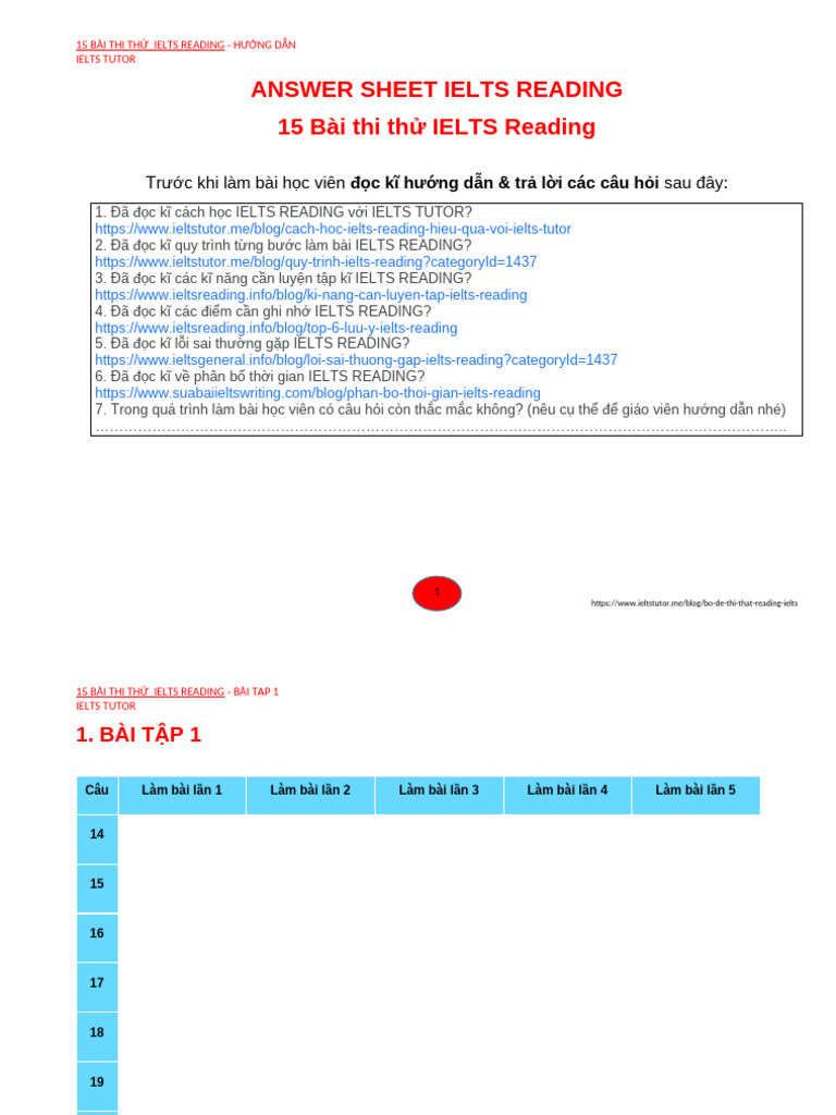 Answer Sheet Ielts Reading - 15 Bài Thi Thử Ielts Reading | PDF
