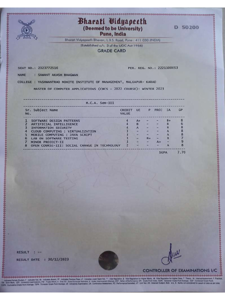 MCA 3rd Semester Result | PDF