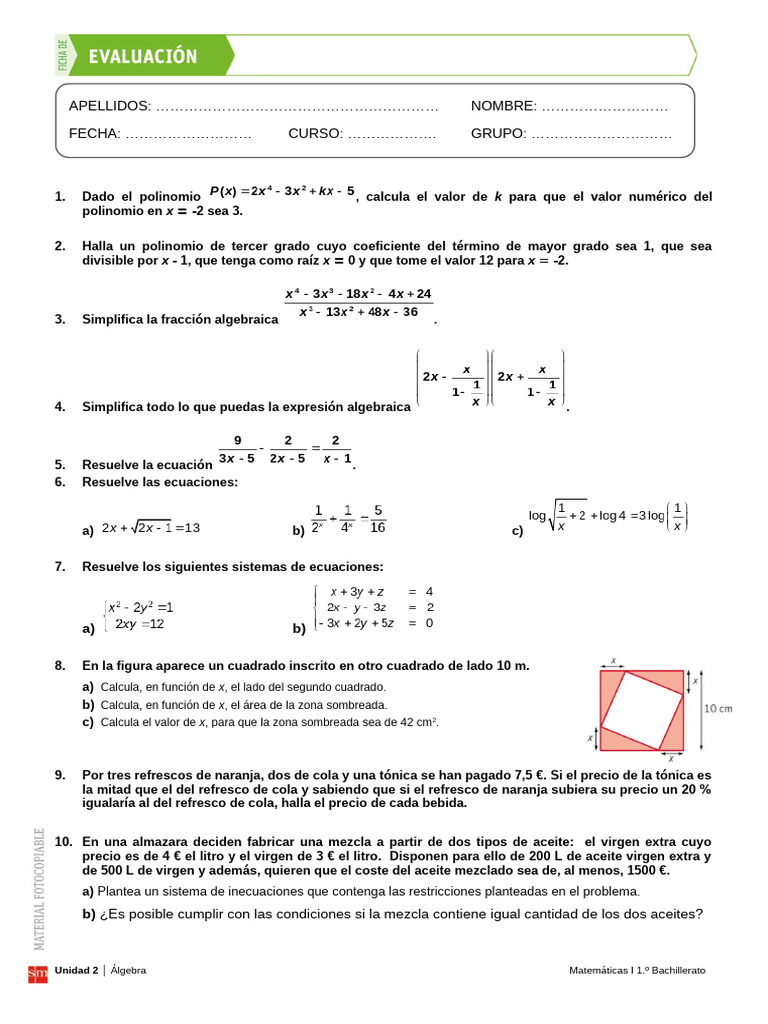 Ejercicios de Álgebra para Bachillerato | PDF | Ecuaciones | Objetos ...