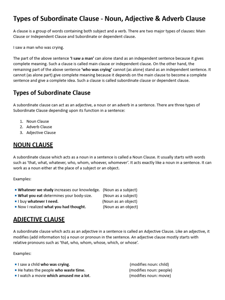 Subordinate Clauses Explained | PDF | Clause | Adverb