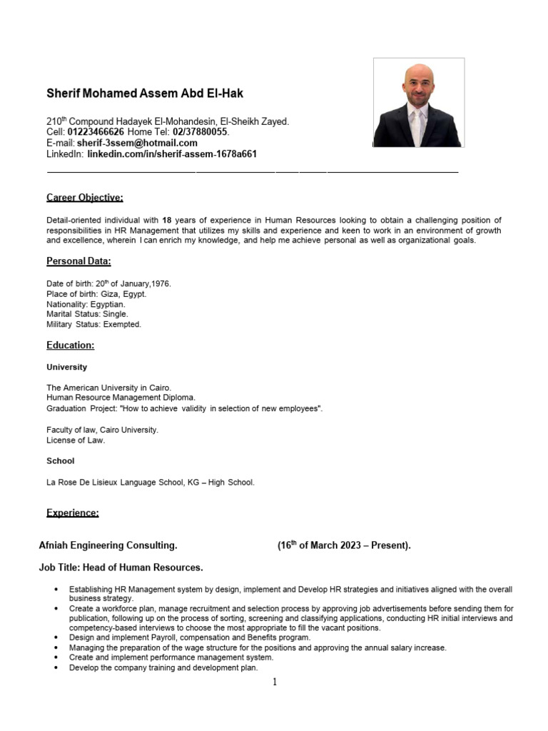 Head of HR - Sherif Assem - CV | PDF | Human Resources | Recruitment