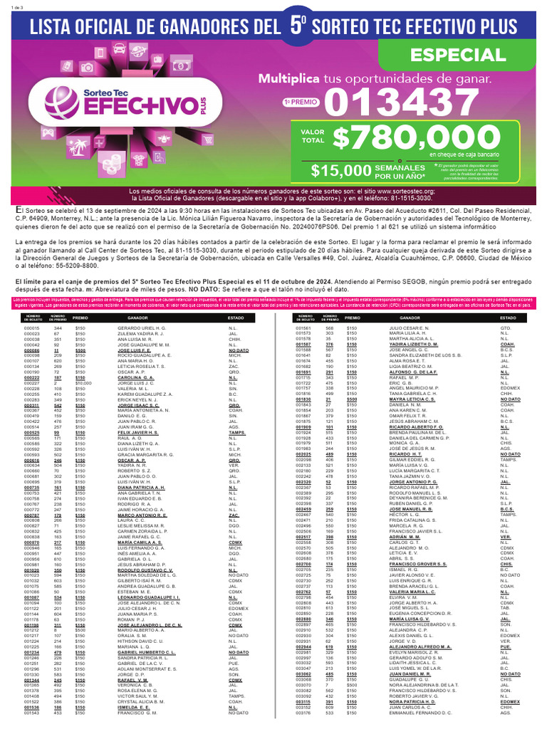 Lista5°EfectivoPlusESPECIAL Iniciales | PDF