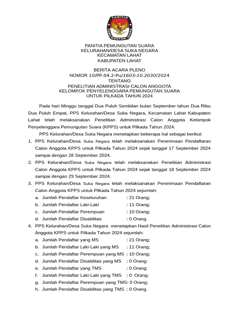 Berita Acara PPS Penelitian Administrasi KPPS | PDF