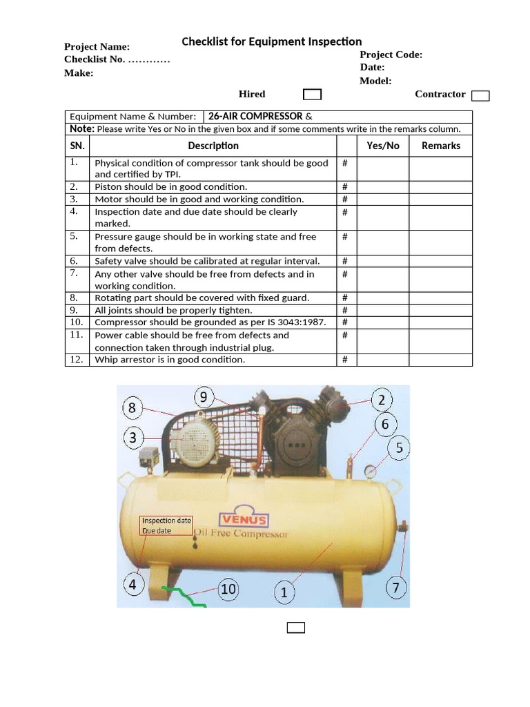 Checklist For Equipment Inspection Air Compressor. | PDF