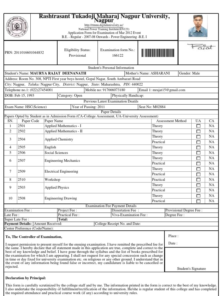 RTMNU Exam Form for Power Engineering BE I | PDF | Test (Assessment ...