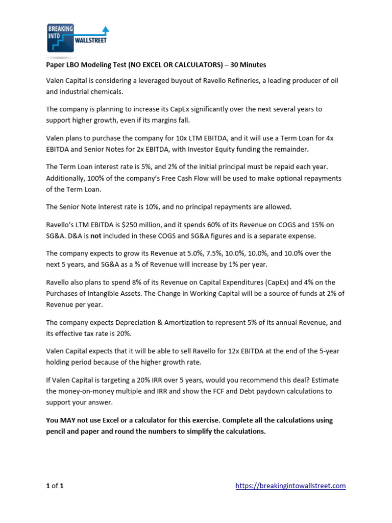 12 06 Paper LBO Case 30 Minutes | PDF | Finance & Money Management