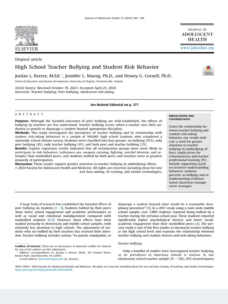 High School Teacher Bullying and Student Risk Behavior - High School ...