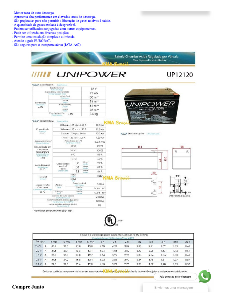 BATERIA SELADA 12V 12AH UNIPOWER UP12120 - KMA Brasil | PDF