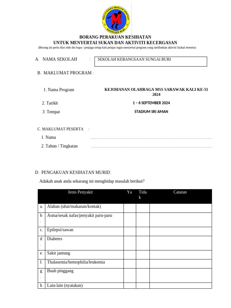 Borang Perakuan Kesihatan MSSM | PDF