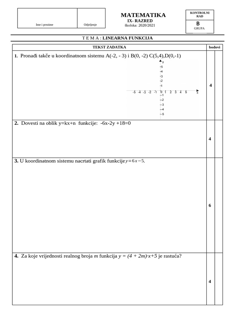 Linearna Funkcija Kontrolni B | PDF