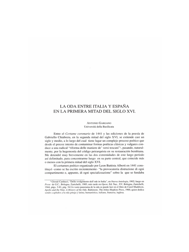 La Oda Entre Italia y España en La Primera Mitad Del Siglo XVI. Antonio Gargano. | PDF