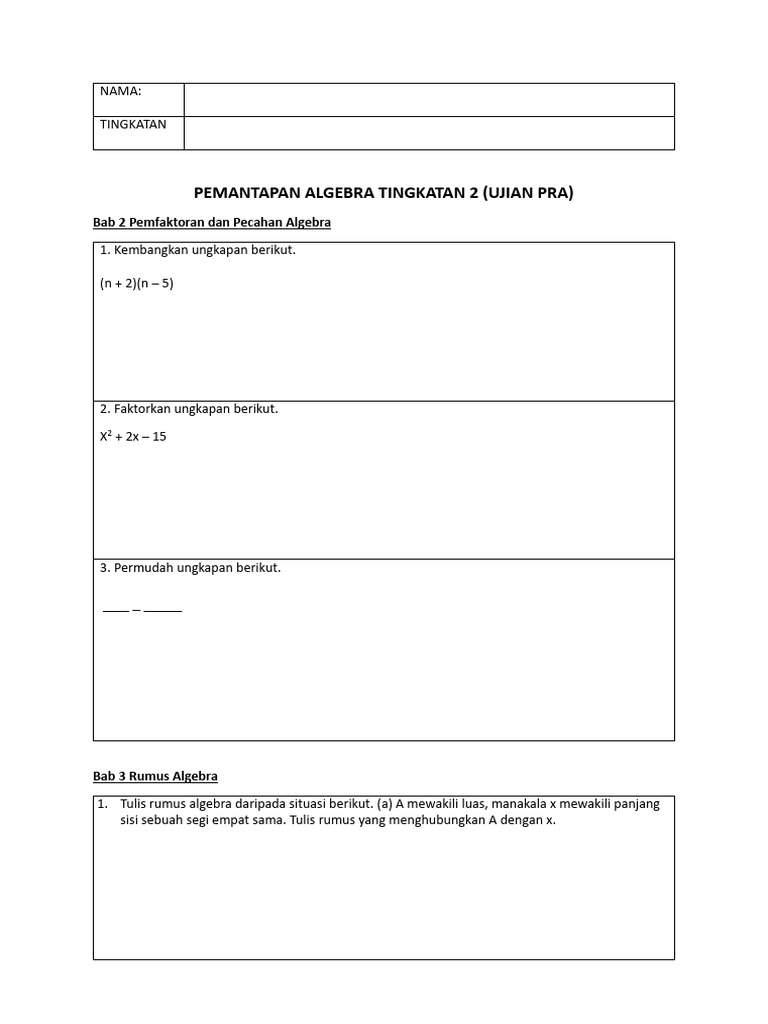 Soalan Algebra Ujian Pra | PDF