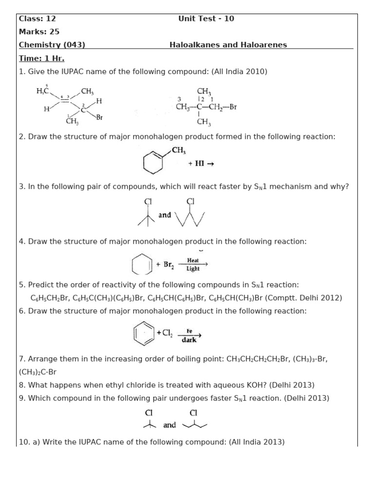 Haloalkanes and Haloarenes Test Paper | PDF | Chemical Reactions ...