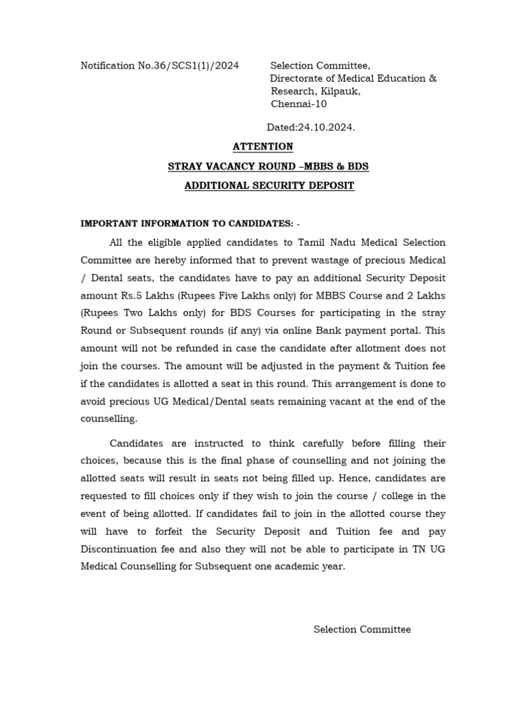 Attention Stray Vacancy Round - Mbbs & Bds Additional Security Deposit ...