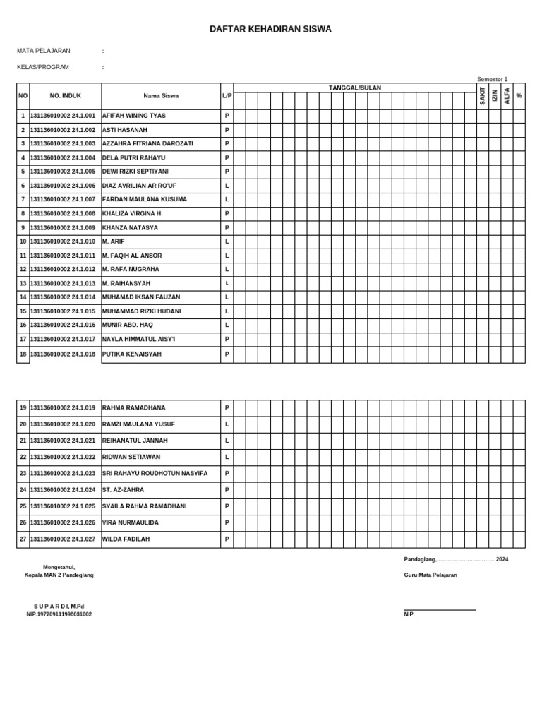Absen Siswa 24-25 Untuk Guru Mapel | PDF