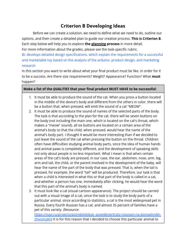 Faina Loik - Criterion B Worksheet - G10 - Toy Design Unit | PDF | Cats ...