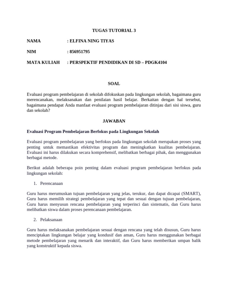 Tugas Tutorial 3 Perspektif Pendidikan Di SD - PDGK4104 | PDF | Bisnis | Pengembangan Diri
