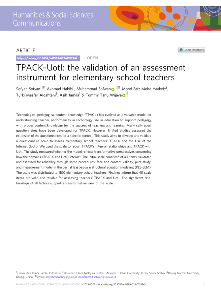 TPACKUotI The Validation of An Assessment Instrument For Elementary ...