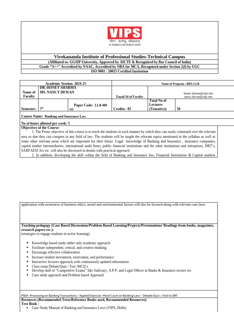 409 Banking and Insurance Laws BBA LLB (3) Class | PDF | Critical Thinking | Theory