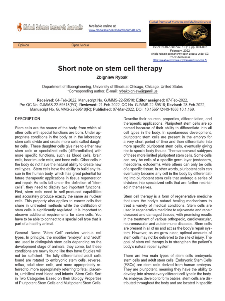 Short Note On Stem Cell Therapy | PDF | Stem Cell | Embryonic Stem Cell