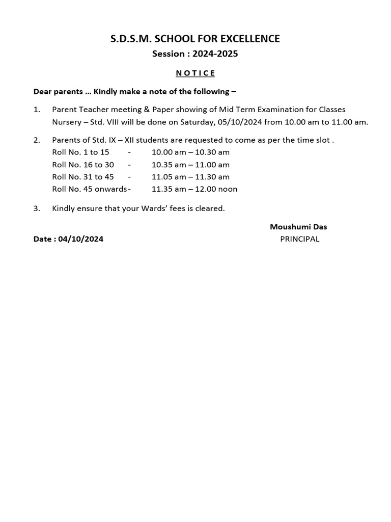 Paper Showing - Notice For Parent - Mid Term Exam 2024 | PDF | Travel