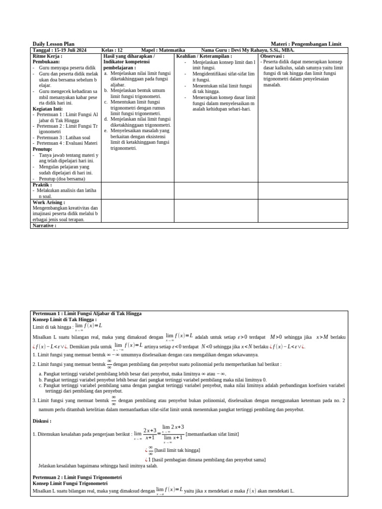 Daily Lesson Plan - Pengembangan Limit Fungsi - Kelas 12 | PDF | Metode ...