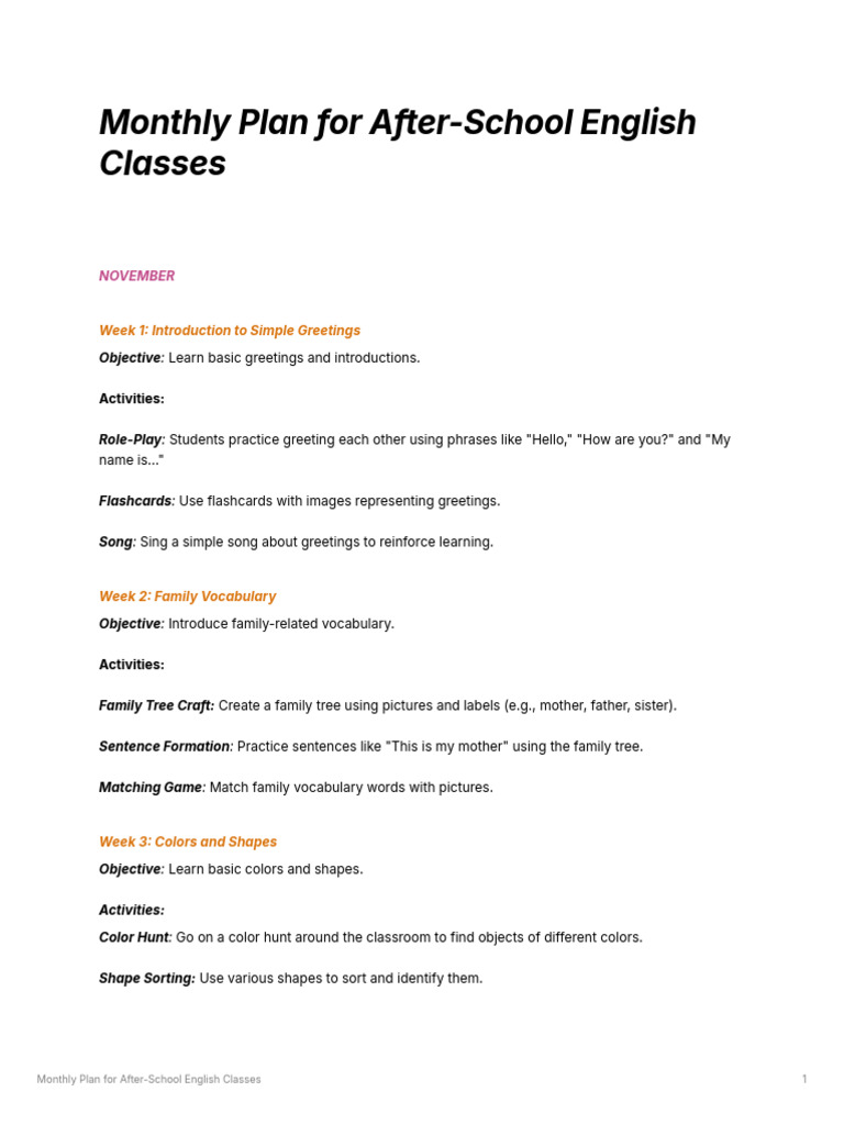 After-School English Class Monthly Plan | PDF | English Language ...