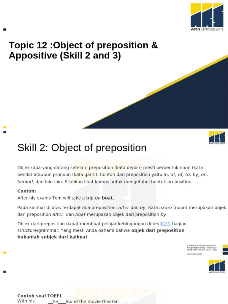 Topic 12 - Object of Preposition & Appositive (Skill 2 and 3) | PDF