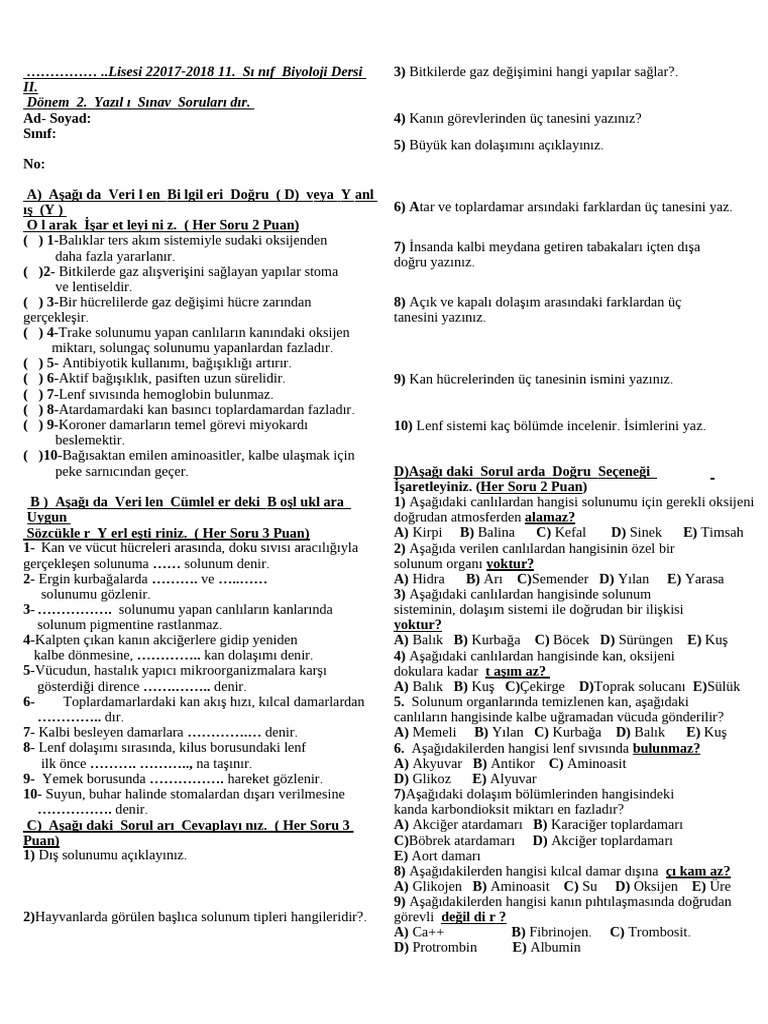 11 Sinif Biyoloji 2 Donem 2 Yazili | PDF