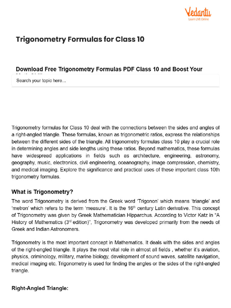 Trigonometry Formulas For Class 10 | PDF