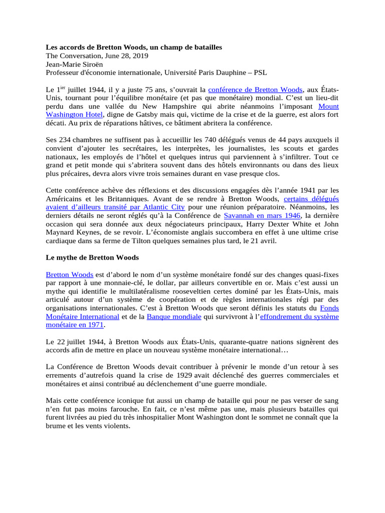 Les Accords de Bretton Woods : Conflits et Héritage | PDF | John ...