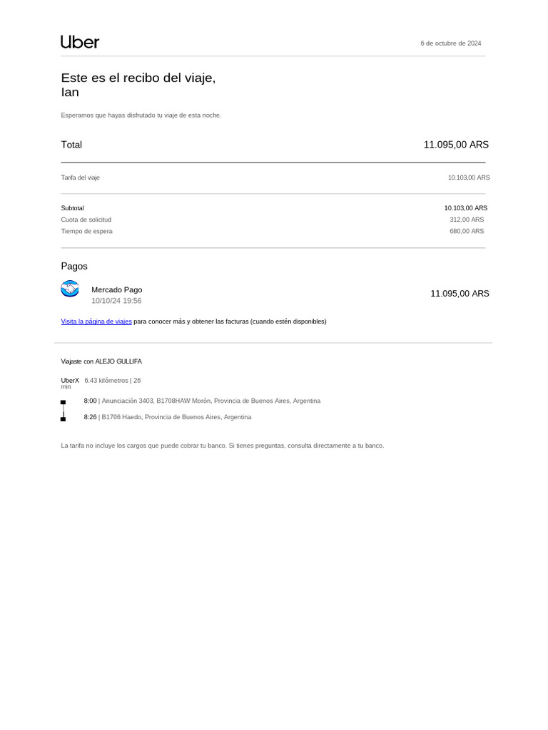 Recibo de Viaje UberX en Buenos Aires | PDF