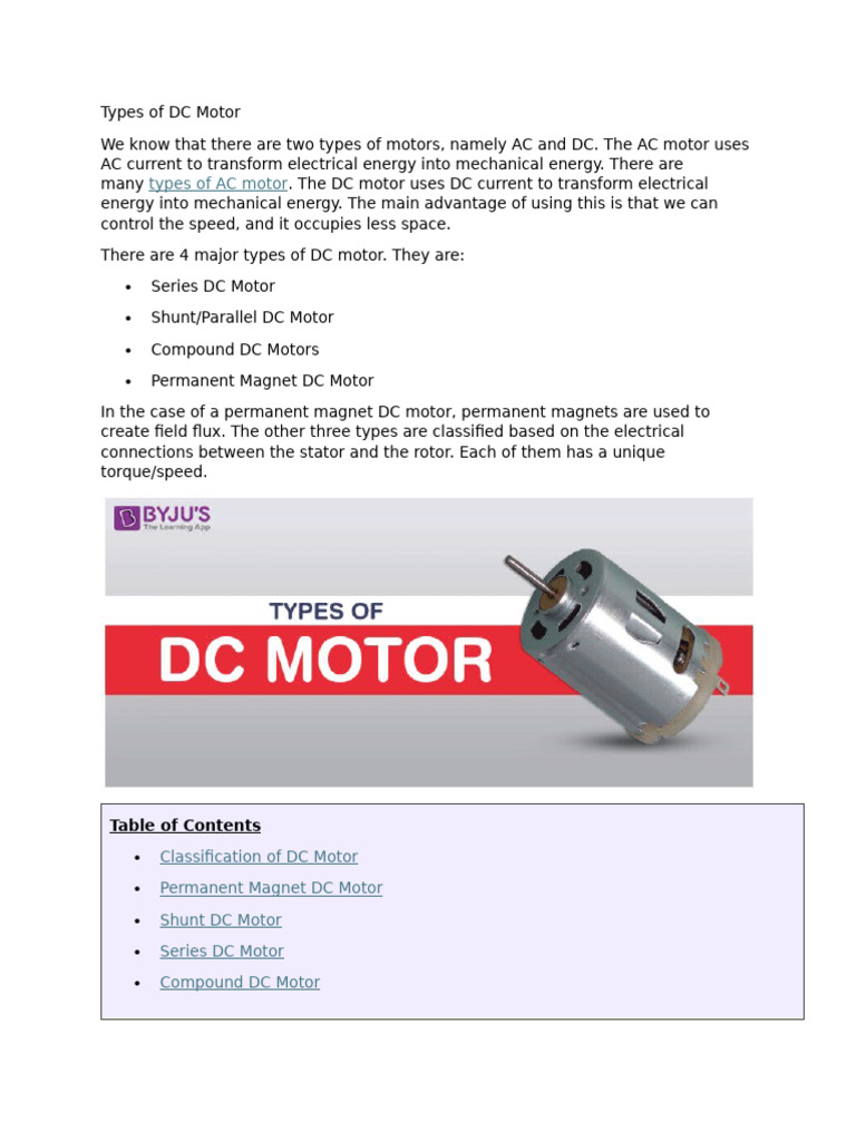 Types of DC Motor | PDF | Electric Motor | Propulsion