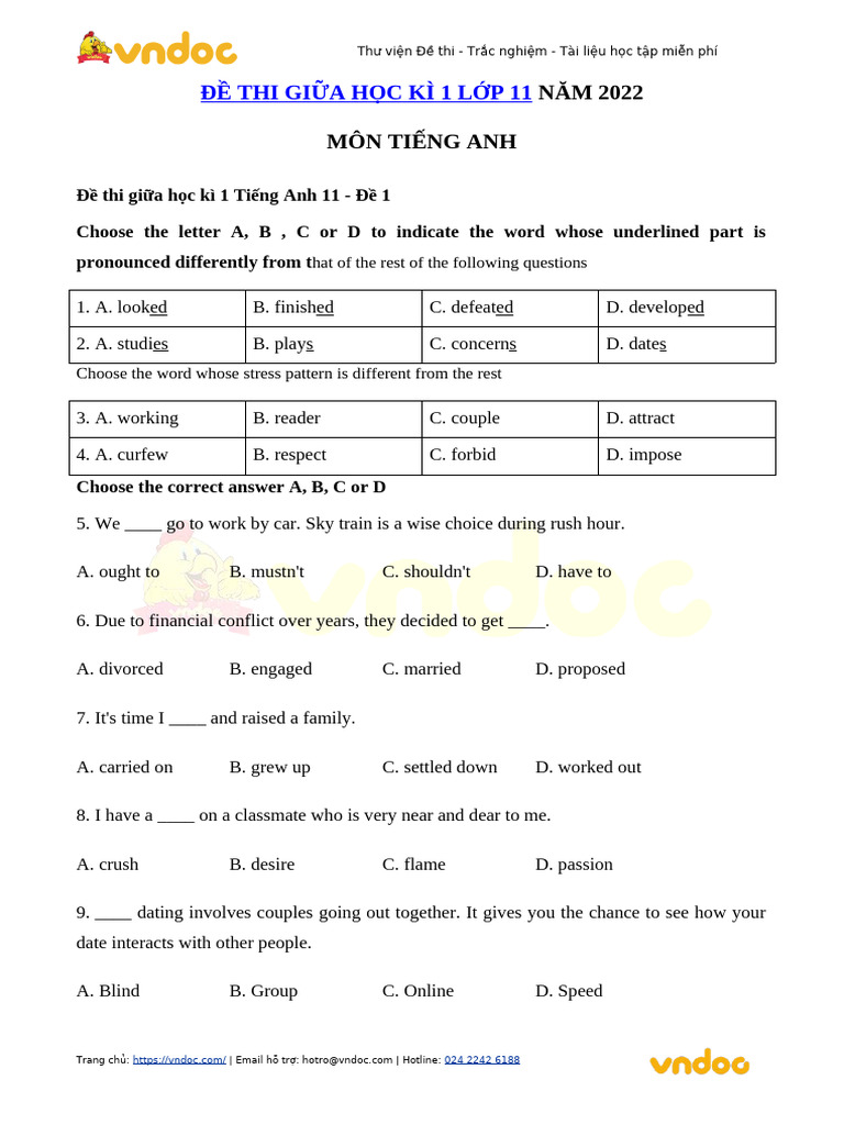 De Thi Giua Hoc Ki 1 Lop 11 Mon Tieng Anh Nam 2022 | PDF