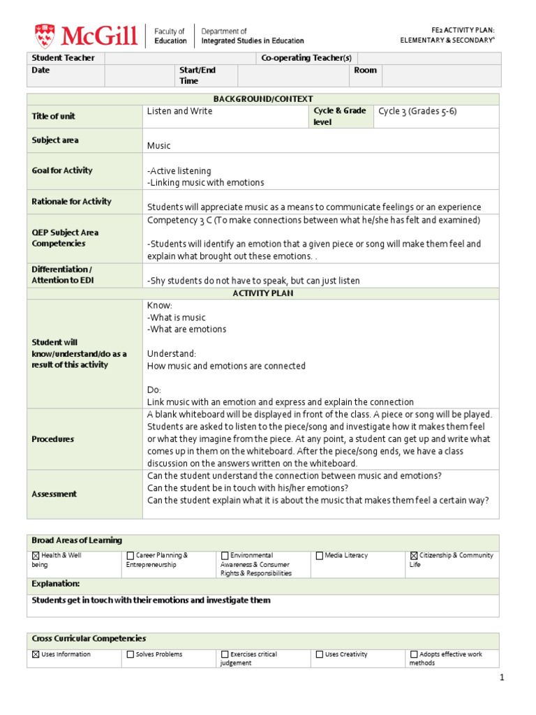 Listen and Write Activity Plan | PDF | Emotions | Human Communication