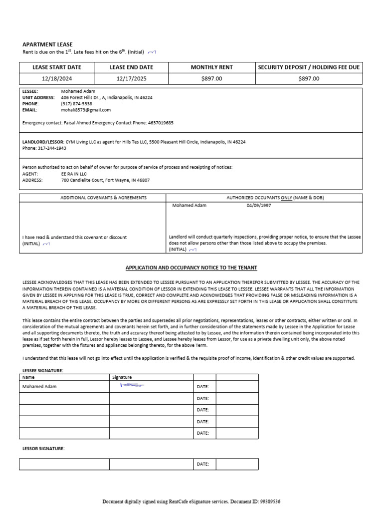 LeaseAgreement Mohamed Adam 1182024 | PDF | Lease | Leasehold Estate