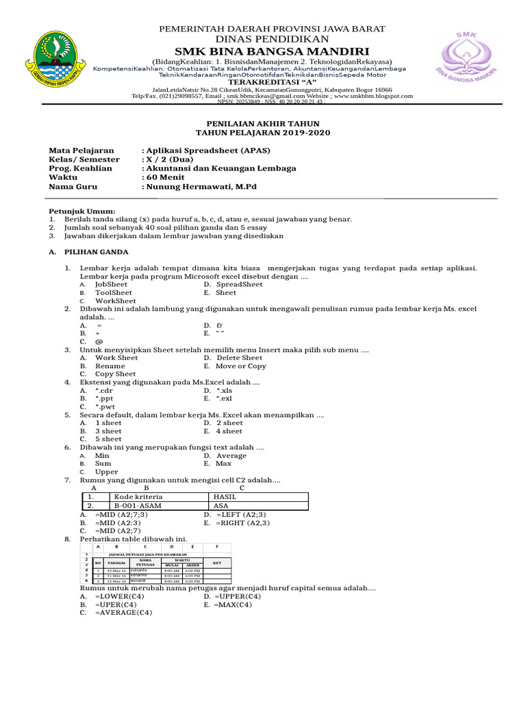 Soal Spreadsheet PAT Genap 2019-2020 | PDF