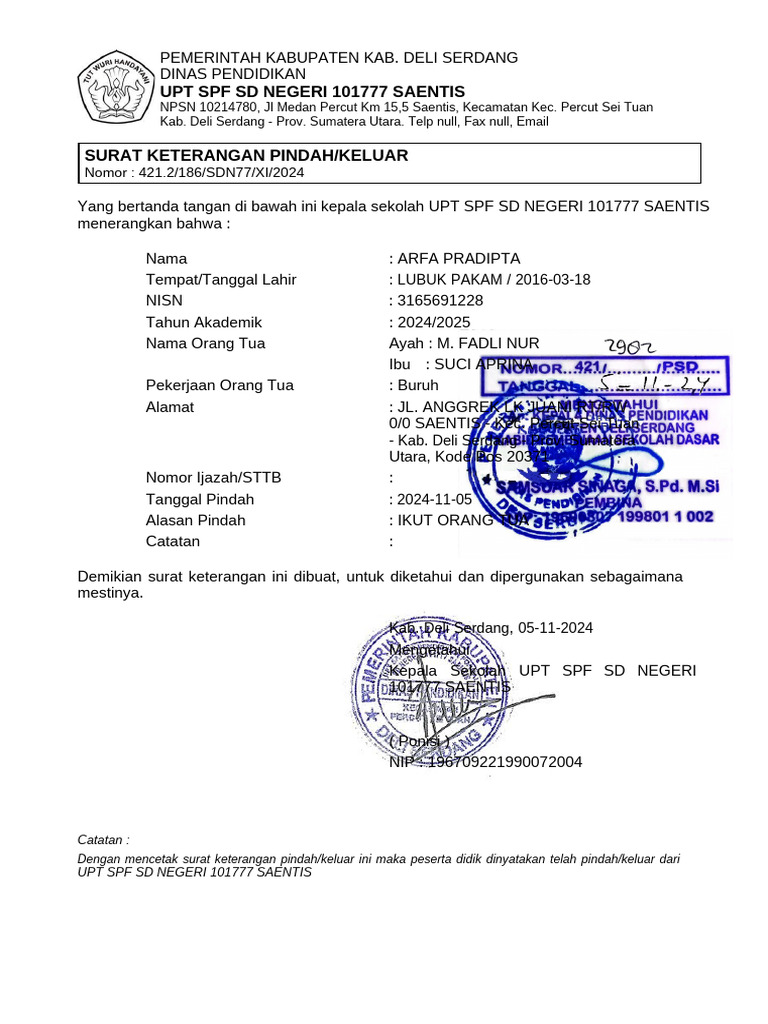 Surat Mutasi Arfa | PDF