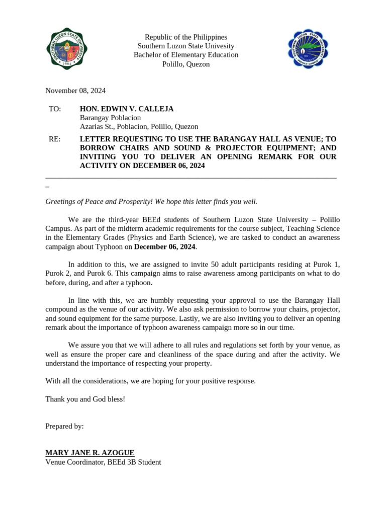 Communication Letter For Barangay Captain of Poblacion Polillo Quezon ...