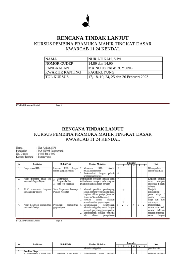 RENCANA TINDAK LANJUT KMD Cepiring Rowosari 2023 | PDF
