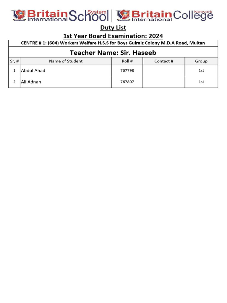 2024 Multan 1st Year Exam Duty List | PDF