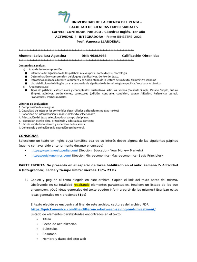 Actividad Integradora de Inglés 2023 | PDF | Sintaxis | Tipología ...