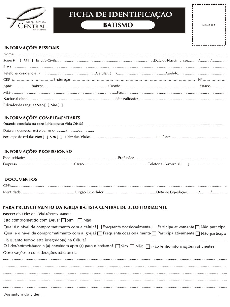 Ficha de Batismo - IBCBH | PDF | Estilo de vida