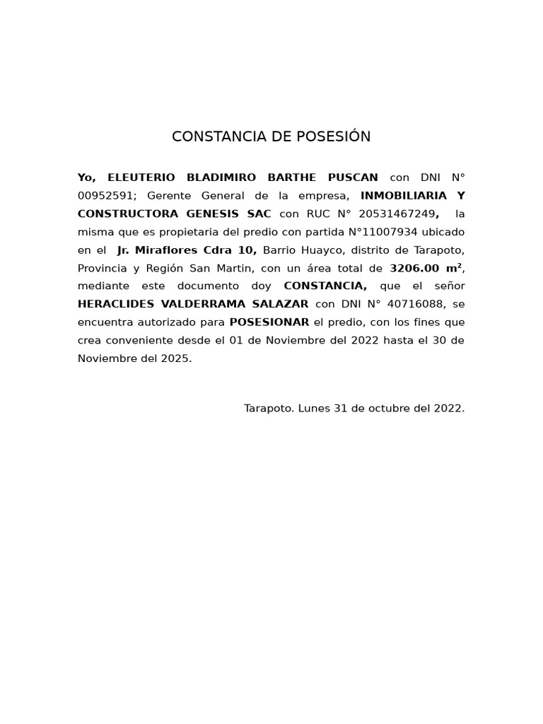Constancia de Posesión | PDF