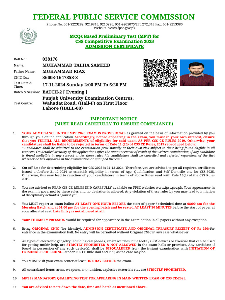 Online - Fpsc.gov - PK FPSC Css Prelim Exam 2025 BK Reports Css MPT Ac ...