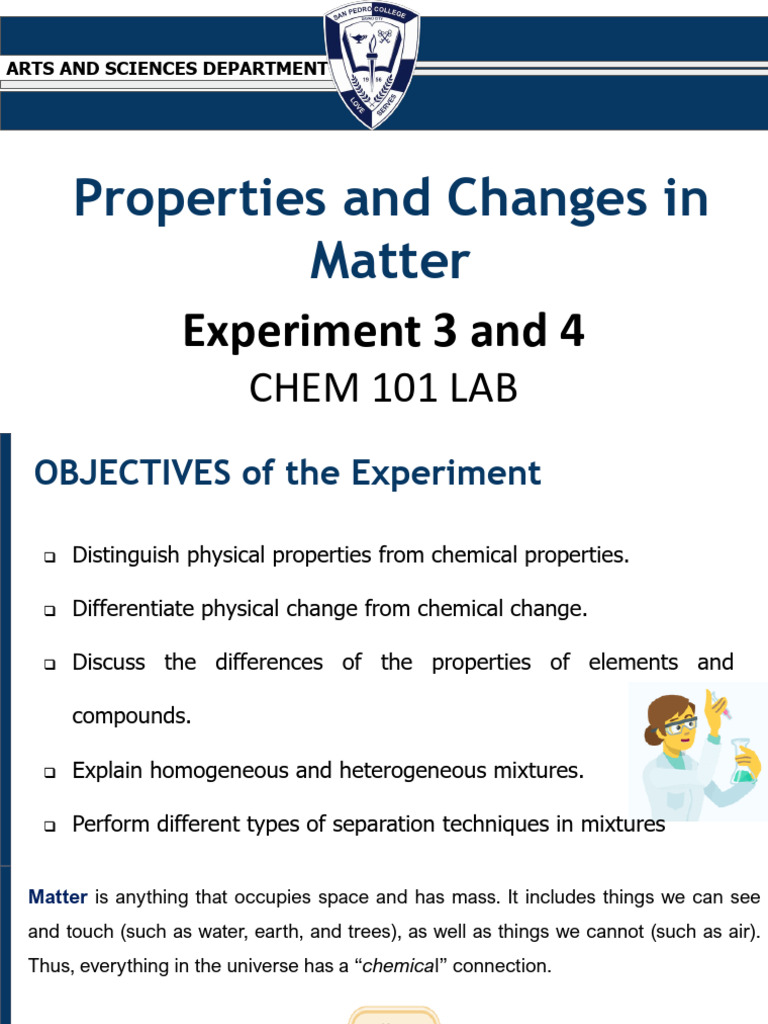 EXPERIMENT 3 and 4 Properties, Changes, and Classification in Matter ...