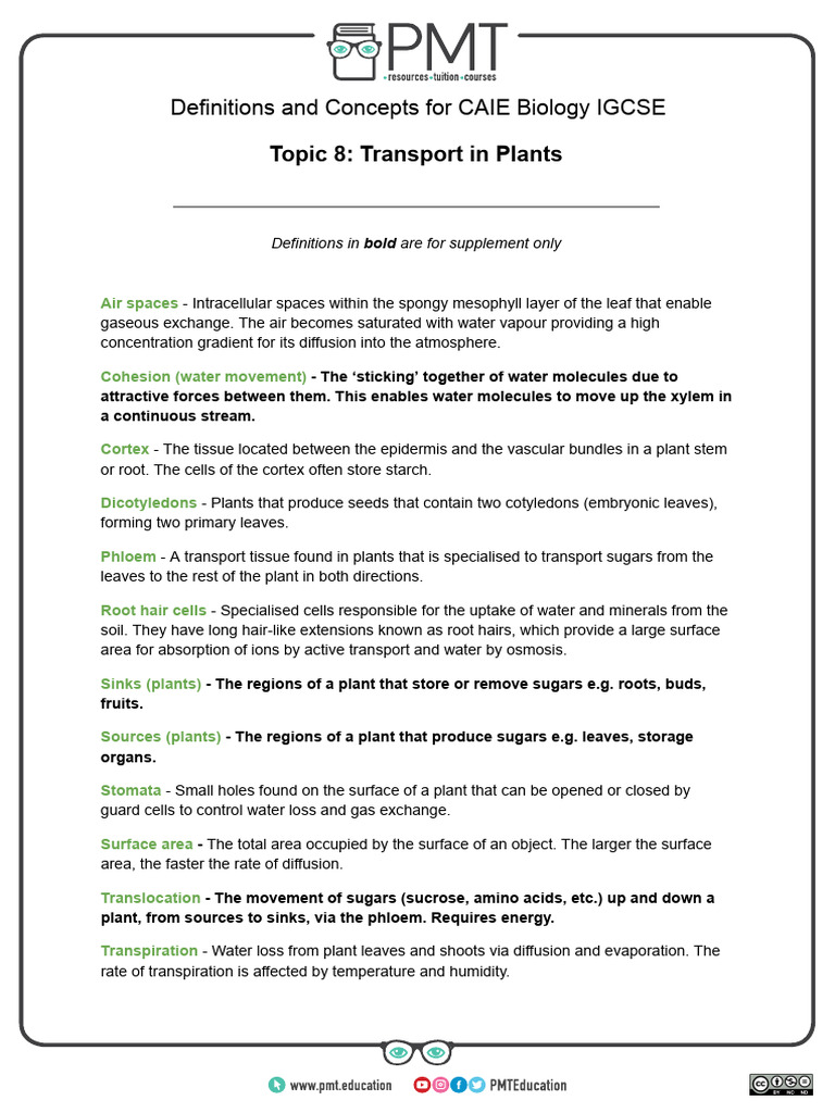 Definitions - Topic 8 Transport in Plants - CAIE Biology IGCSE | PDF ...