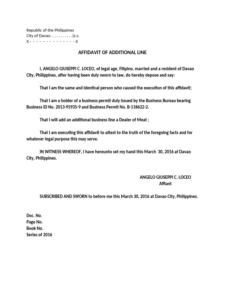 Affidavit for Additional Business Line | PDF | Politics | Social Science