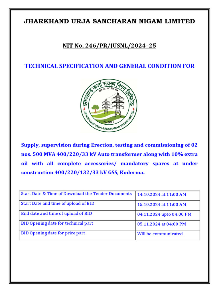 Tender Document NIT 246 500 MVA Transformer | PDF | Transformer | Electrical Impedance